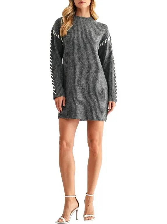 ALL IN FAVOR Long Sleeve Mini Sweater Dress With Contrast Stitching - Charcoal Grey