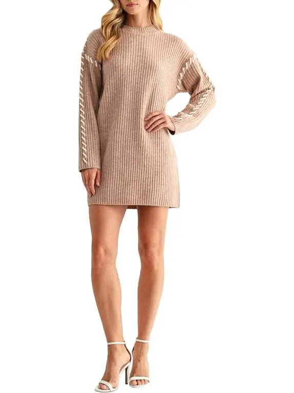 ALL IN FAVOR Long Sleeve Mini Sweater Dress With Contrast Stitching - Mocha Moose