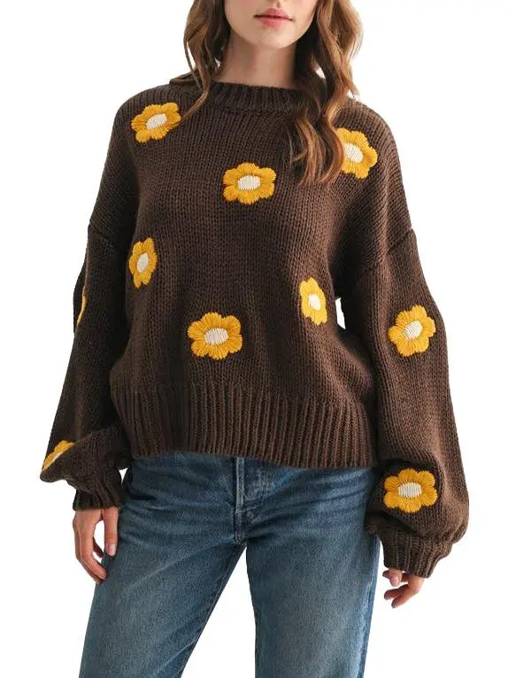 ALL IN FAVOR Embroidered Flower Crewneck Pullover - Brown Mustard Flower
