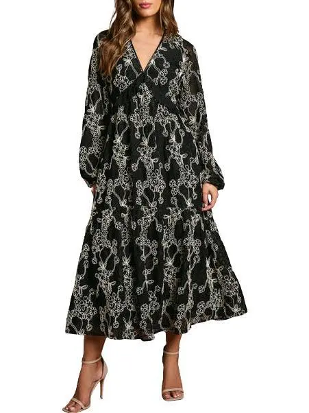 Coast Long Sleeve Broderie Floral Midaxi Dress - Mono