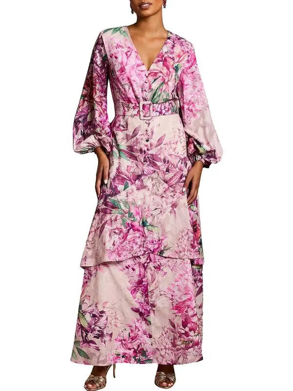 Coast Petite Long Sleeve Chiffon Floral Midaxi Dress - Pink