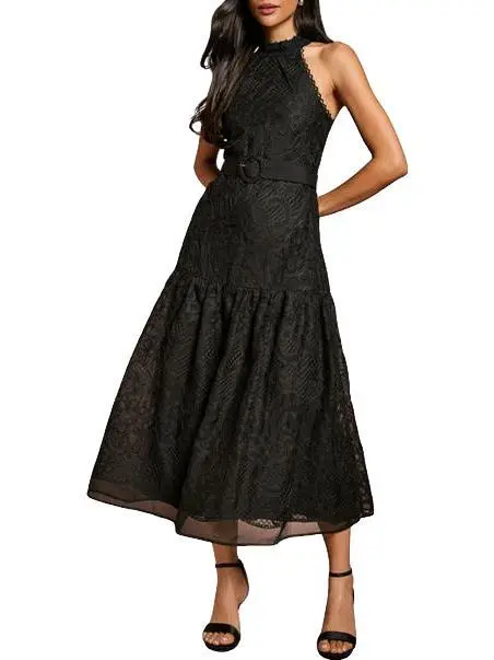 Coast Lace Organza Belted Halter Midi Dress - Black