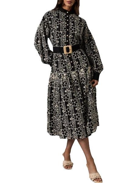 Coast Long Sleeve Belted Shirt Dress With Lace Fabrication - Black