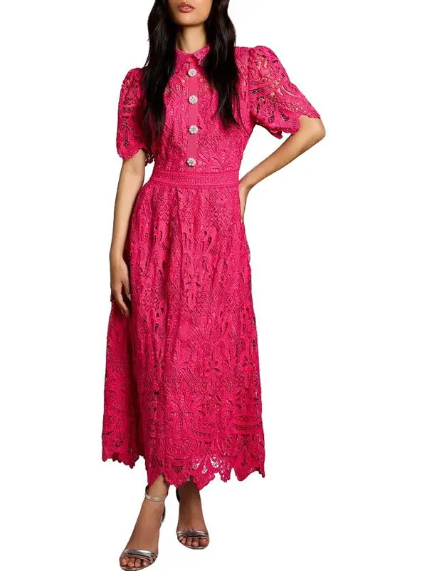 Coast Short Sleeve Collared Lace Midi Dress - Raspberry