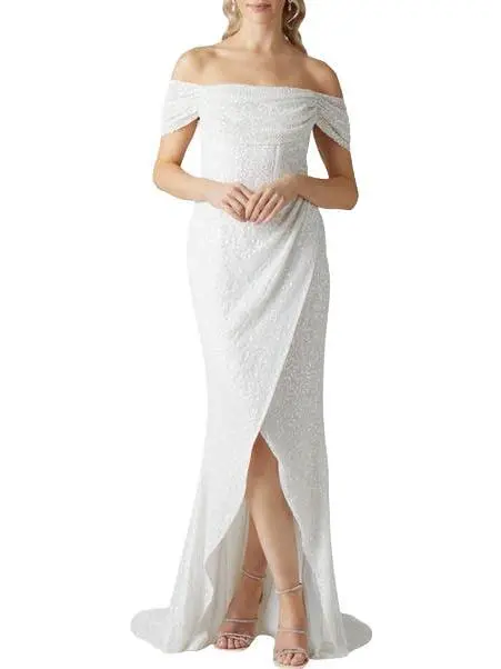 Coast Sequin Bardot Wrap Gown - Ivory