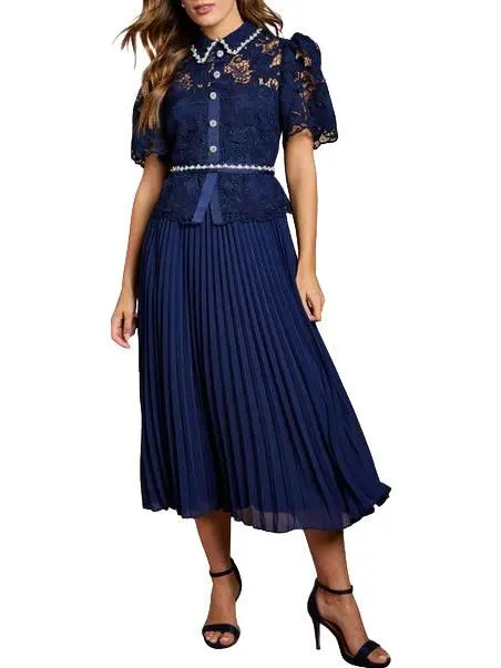 Coast Lace Top Pleat Skirt Jewel Button Dress - Navy