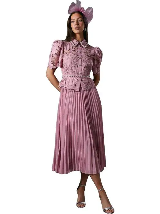 Coast Lace Top Pleat Skirt Jewel Button Dress - Pink