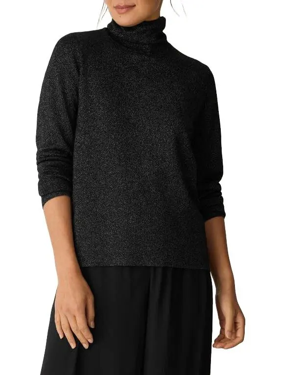 Eileen Fisher Long Sleeve Metallic Wool Blend Turtleneck Top - Black