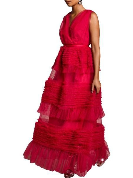 Coast Petite Sleeveless V-neck Tiered Mesh Maxi Dress - Raspberry