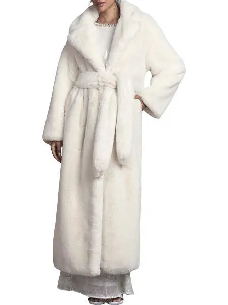 Coast Belted Longline Faux Fur Coat - Ivory