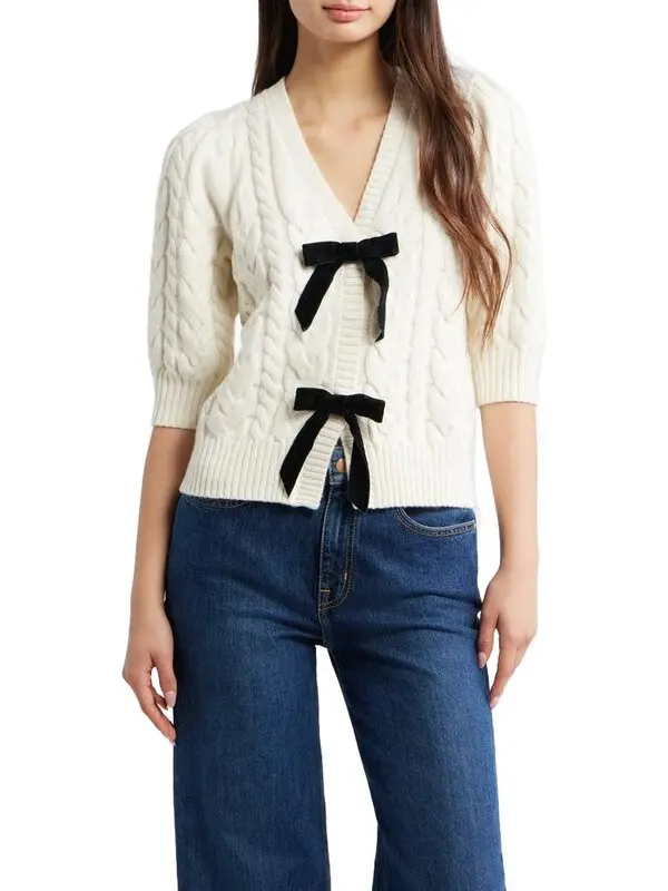 Rails Clarissa Velvet Bow Cable Knit Sweater - Ivory Cables