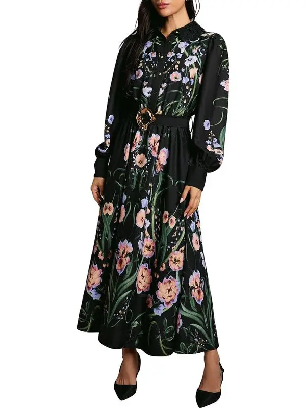 Coast Lace Trim Botanical Print Belted Shirt Dress - Black