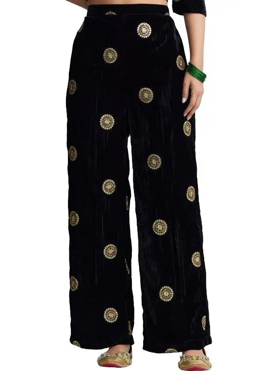HOLICHIC Nala Embroidered Velvet Straight Leg Pants - Black