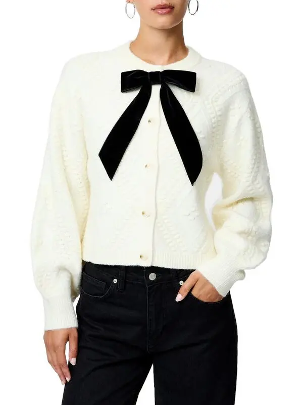 French Connection Kitty Bobble Velvet Bow Cardigan - Porcelain Cream-black