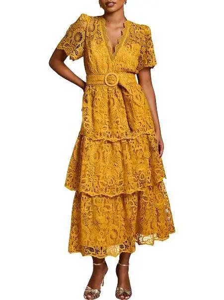 Coast Tiered Lace Midi Dress - Gold