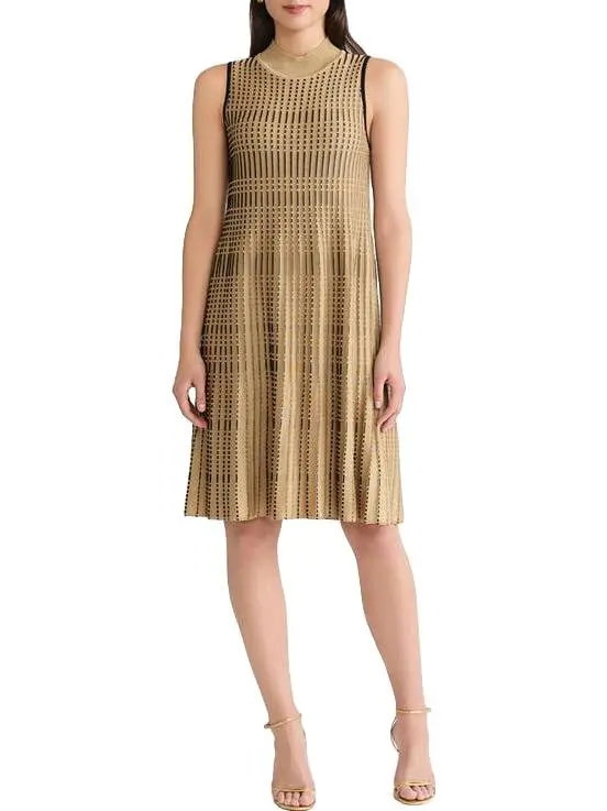 Ming Wang Metallic Linear Pleat Knit Dress - Gold/black
