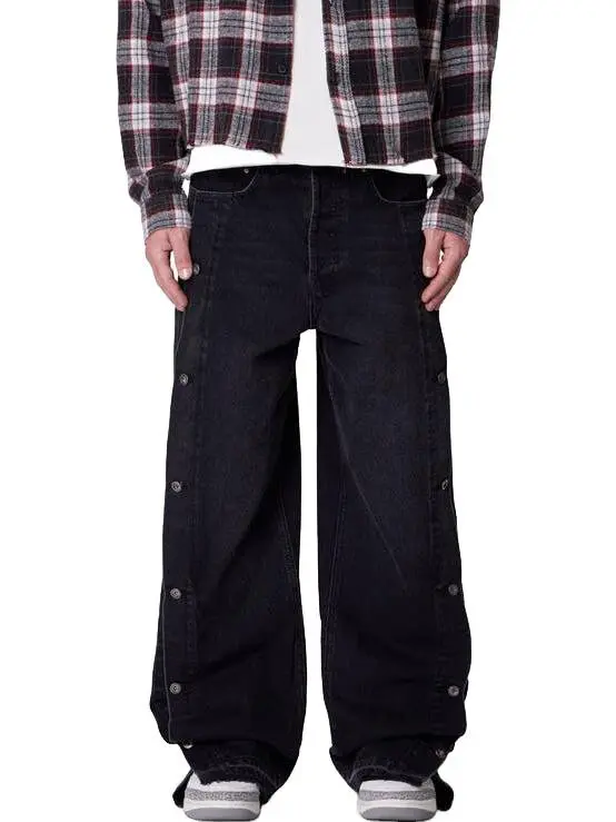 Mnml Offset Button Baggy Jeans - Black
