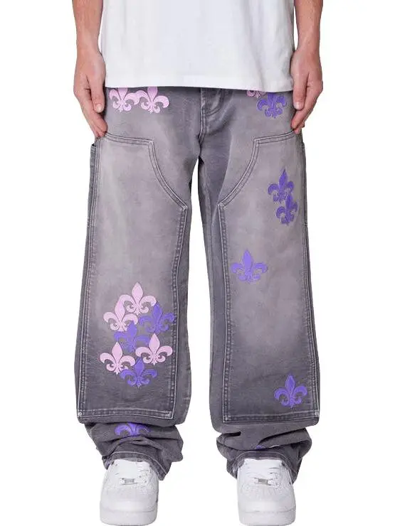 Mnml Embroidered Fleurs De Lis Double Knee Ultra Baggy Jeans - Grey