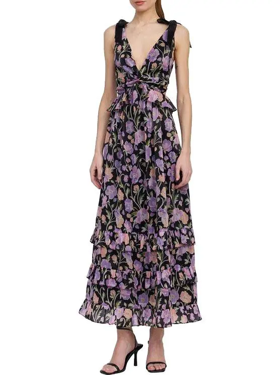 EN SAISON Floral Tiered Maxi Dress - Black Purple Orange