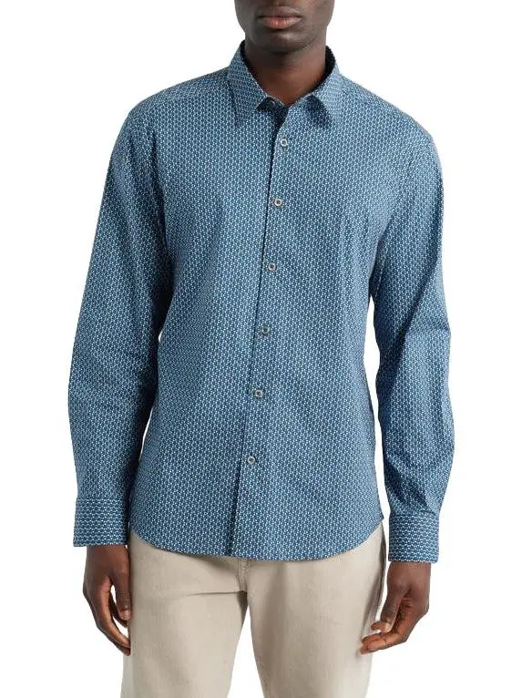 James Campbell Oakley Modern Fit Microgeometric Print Stretch Cotton Button-up Shirt - Blue