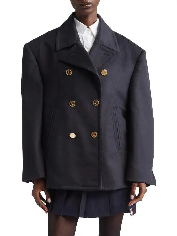 Thom Browne Oversized Cashmere Pea Coat - Navy