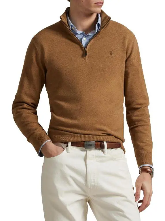 Polo Ralph Lauren Regular Fit Wool Quarter Zip Sweater - Latte Brown Heather