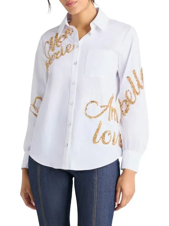 Cinq À Sept Love Letter Sequin Button-up Shirt - White/gold