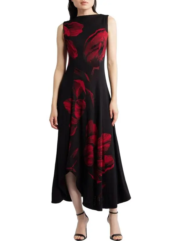 Misook Floral Fit & Flare Maxi Dress - Scarlet Red/black