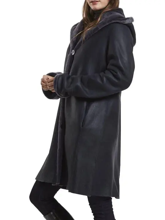 BLUE DUCK Hooded Reversible Spanish Merino Shearling Coat - Granite