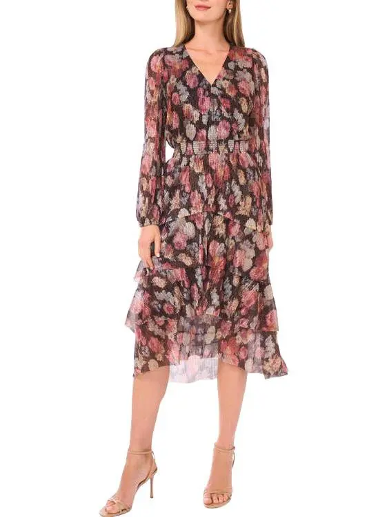 Vince Camuto Metallic Floral Long Sleeve Plissé Midi Dress - Rich Black