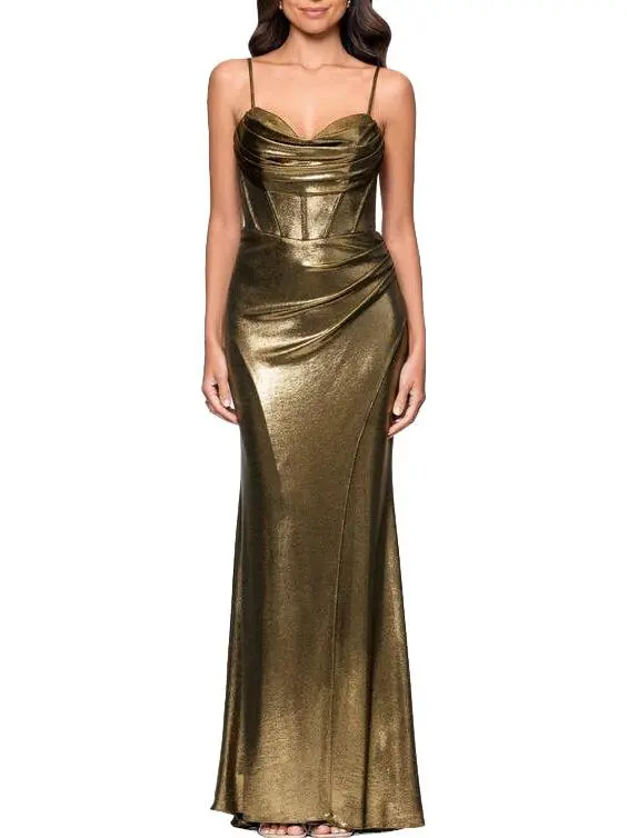 Betsy & Adam Metallic Corset Mermaid Gown - Gold