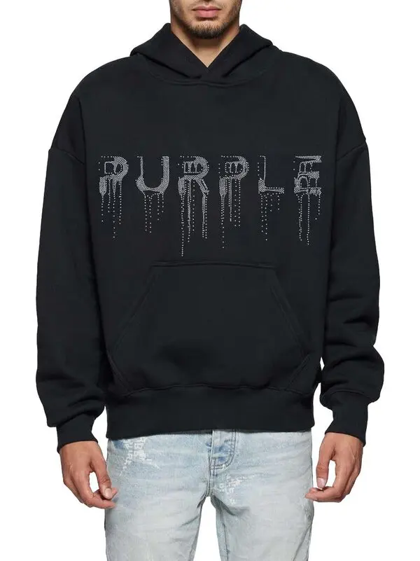 PURPLE BRAND Crystal Embellished Logo Heavyweight Fleece Hoodie - Black
