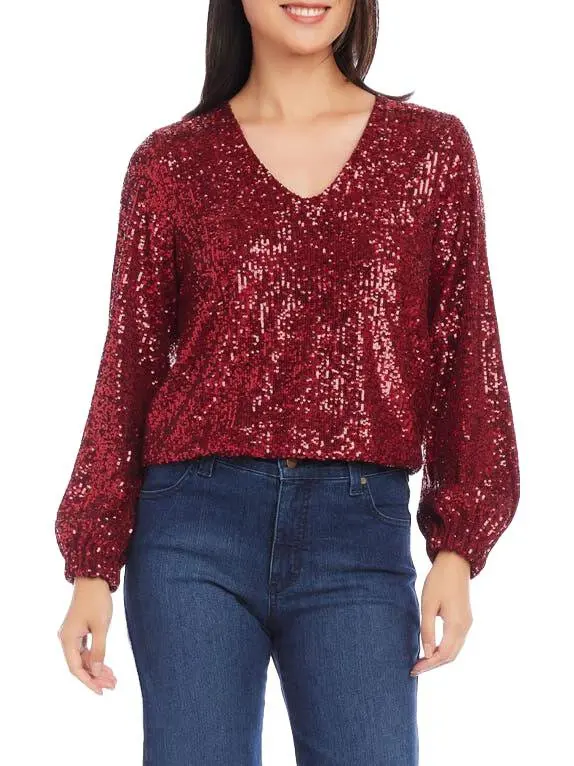 Karen Kane Sequin V-neck Top - Ruby