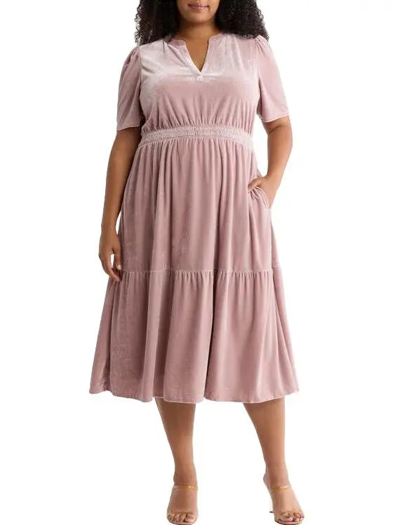 Caslon Tiered Velour Midi Dress - Pink Timber