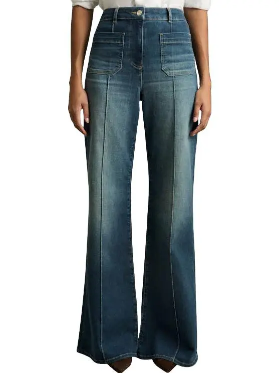 REISS Sakura Pintuck Patch Pocket Wide Leg Jeans - Mid Blue