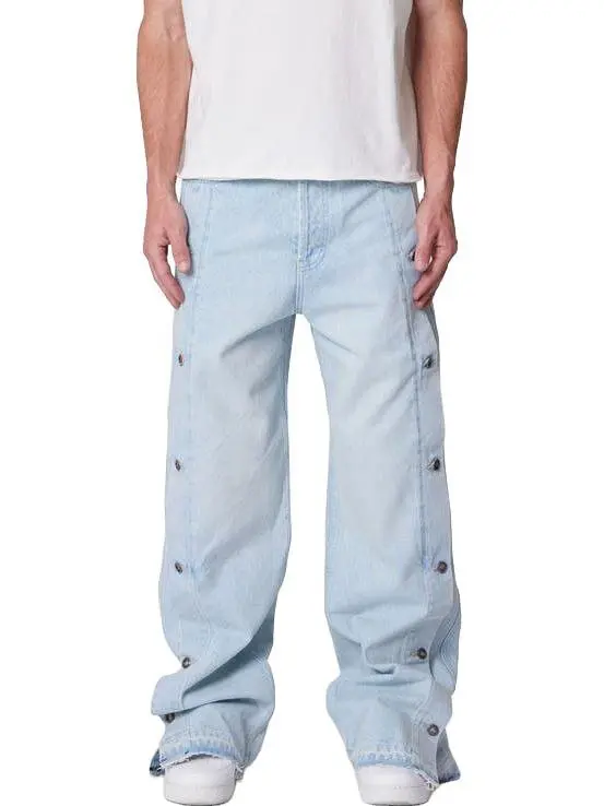 Mnml Offset Button Baggy Jeans - Light Blue