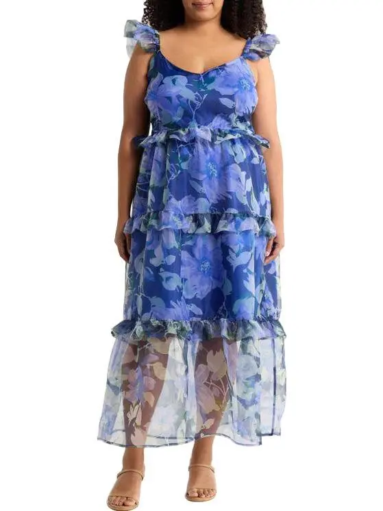 SUGARLIPS Floral Ruffle Tiered Organza Maxi Dress - Blue-multi