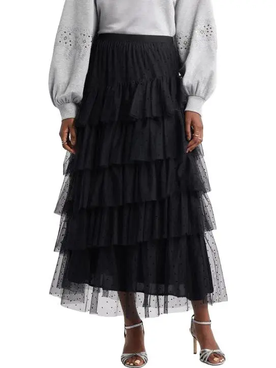 Treasure & Bond Flock Dot Tiered Tulle Maxi Skirt - Black