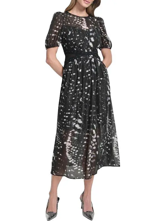 Dkny Shine Puff Sleeve Crinkle Chiffon Midi Dress - Reflected Lights