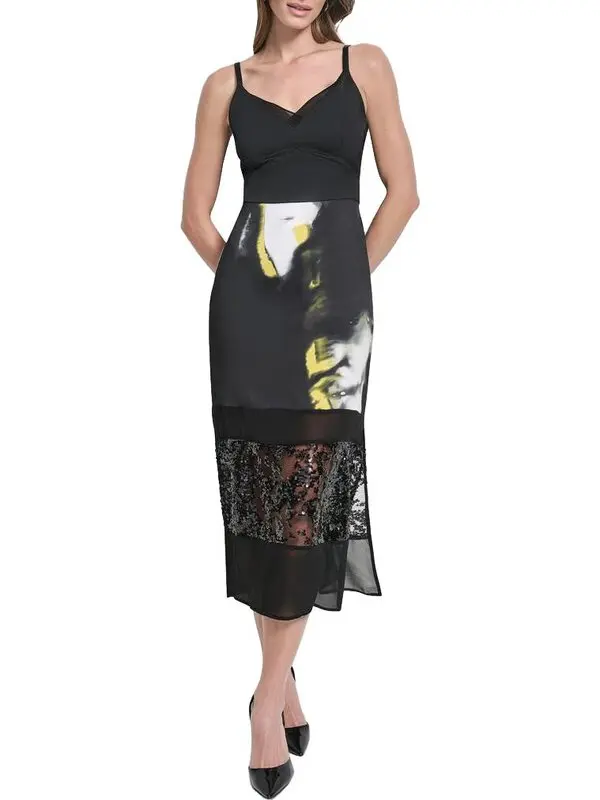 Dkny Mesh & Sequin Paneled Midi Skirt - Marbled Citronella
