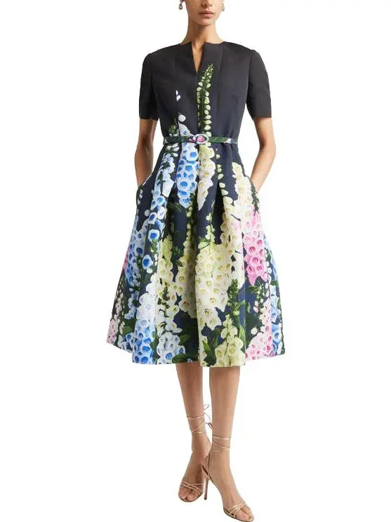 Oscar De La Renta Foxglove Dégradé Belted Faille Fit & Flare Dress - Night Sky Multi