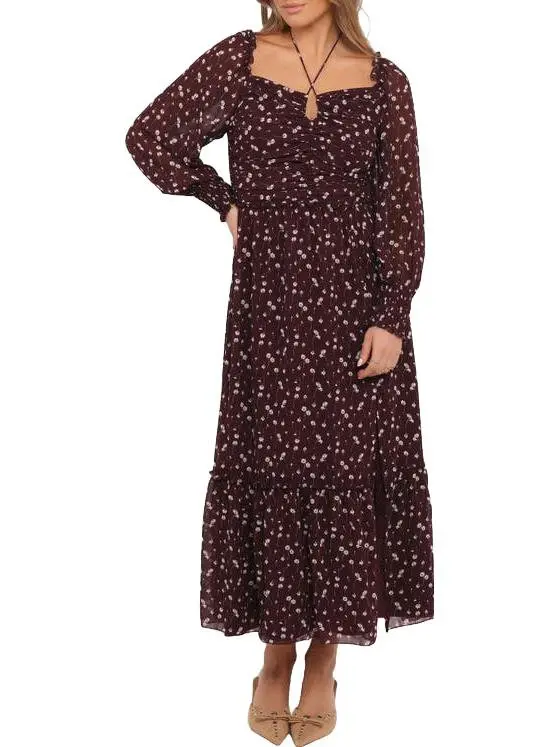 PETAL & PUP Keziah Floral Long Sleeve Midi Dress - Burgundy Floral