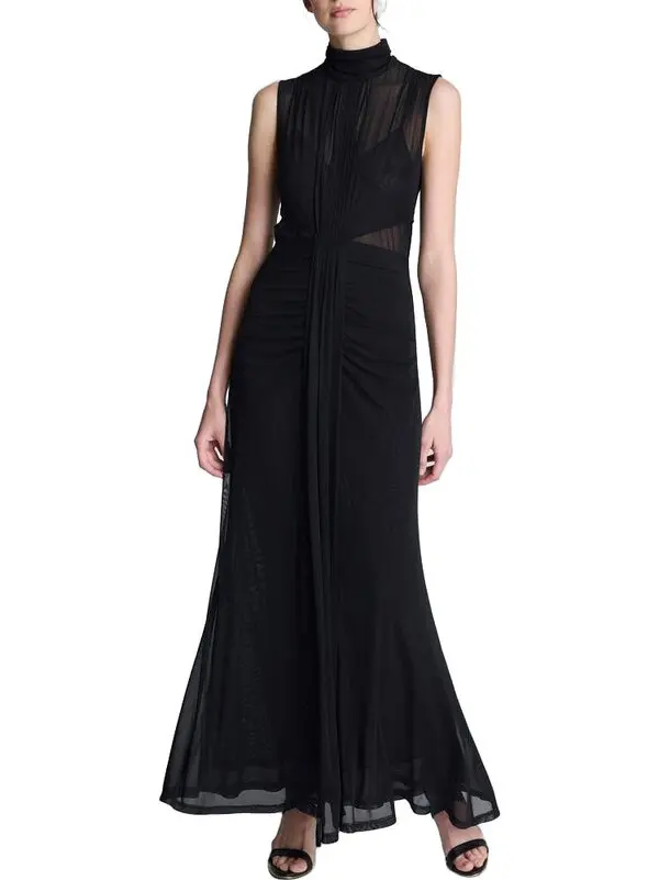 KENNETH COLE Pleated Illusion Neck Maxi Dress - Black
