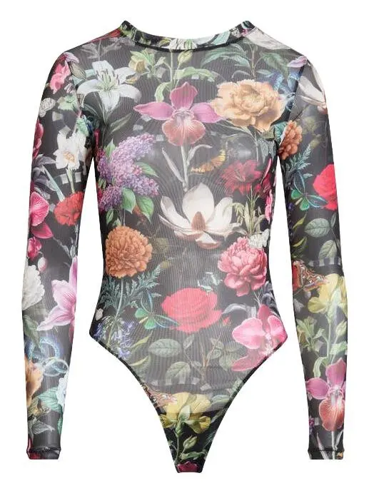 KILO BRAVA Floral Print Mesh Long Sleeve Teddy - Garden Of Eden