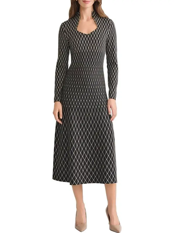 Ming Wang Tanya Foster Long-sleeve Diamond-print Fit & Flare Midi Dress - Black/twig