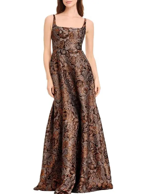 Dress The Population Vienna Metallic Floral Jacquard A-line Gown - Bronze Multi