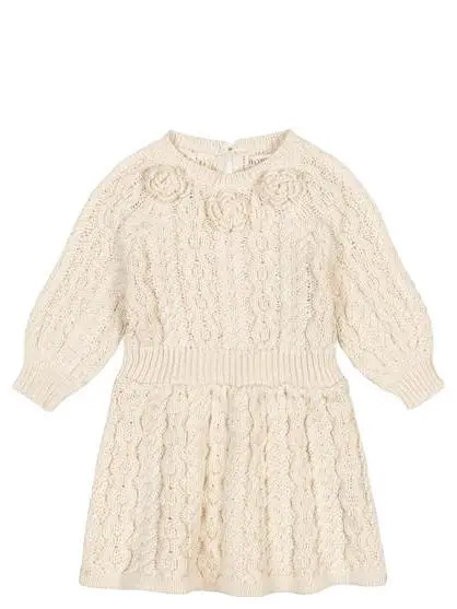 HOPE & HENRY Organic Rosette Detail Cable Knit Sweater Dress - Ivory Cable With Rosettes