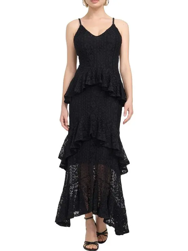 Guess Lace Ruffle Maxi Dress - Black-black