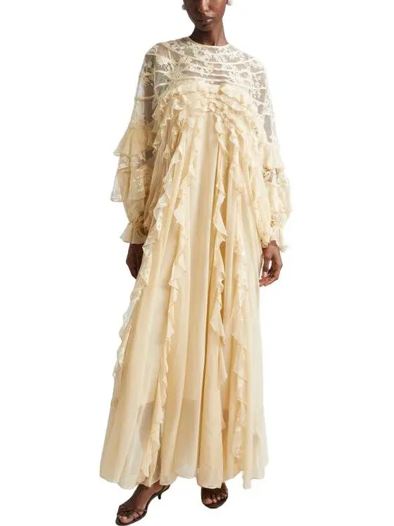 Zimmermann Rebellion Splice Long Sleeve Lace Ruffle Silk Maxi Dress - Cream