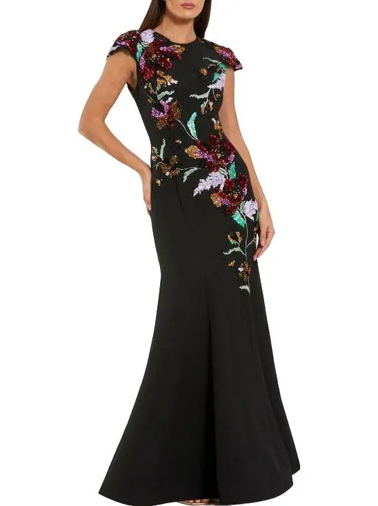 Mac Duggal Crepe Mermaid Gown With Floral Embroidery - Black Multi